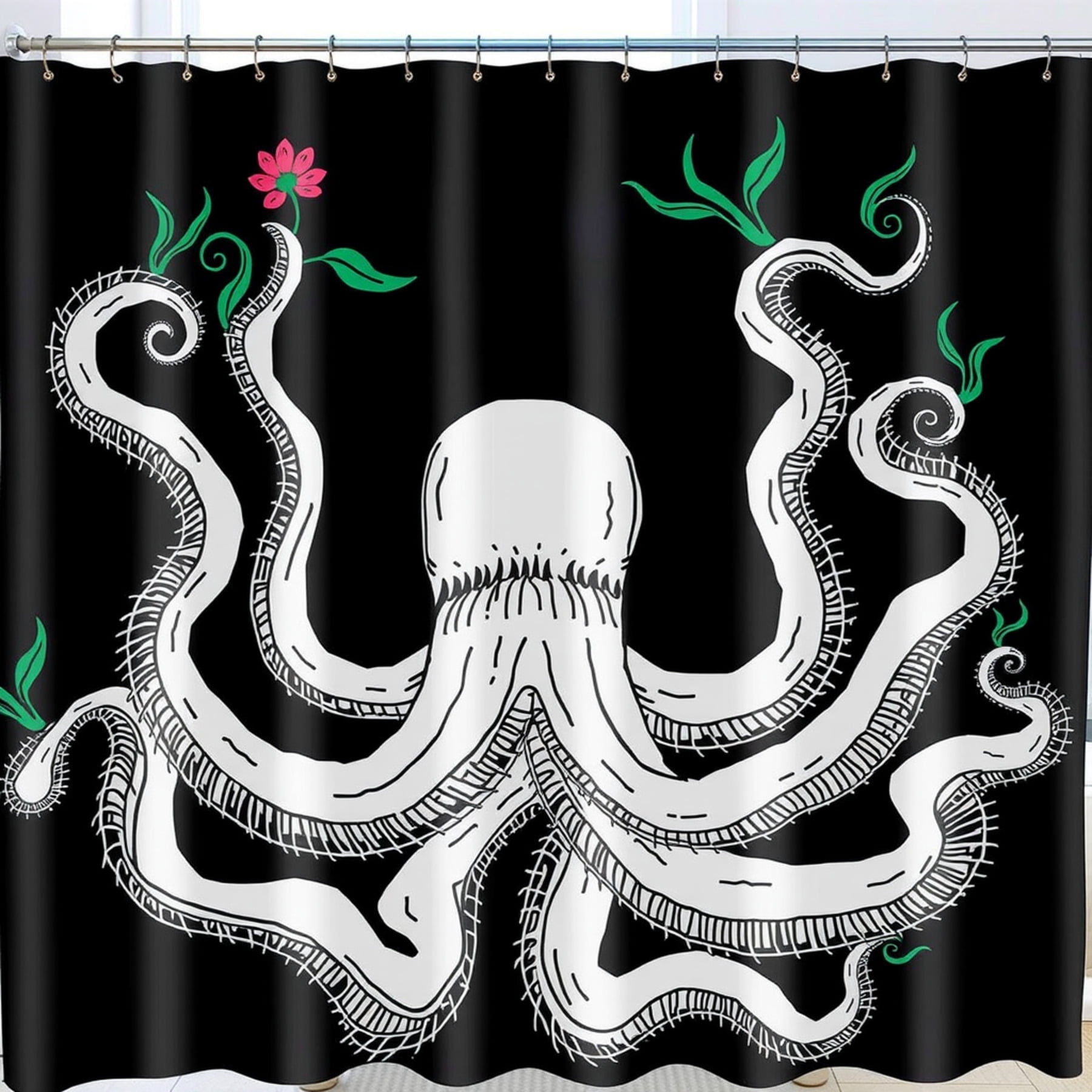 Black Octopus Shower Curtain with Intricate White Illustration Green ...