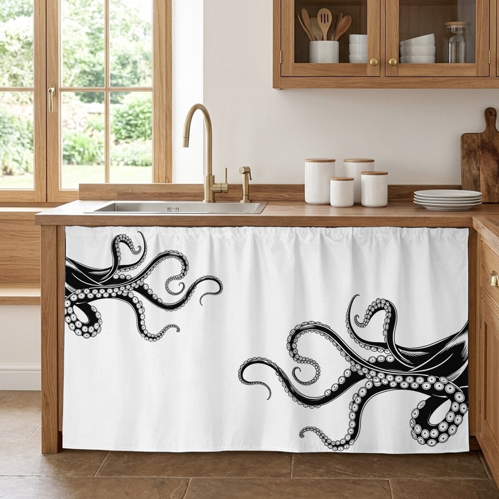Black Octopus Tentacles Cabinet Curtains for Kitchen 28"W x 51"L ...
