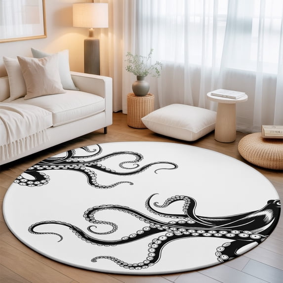 Black Octopus Tentacles Round Living Room Rugs 6 ft, Vintage Nautical ...