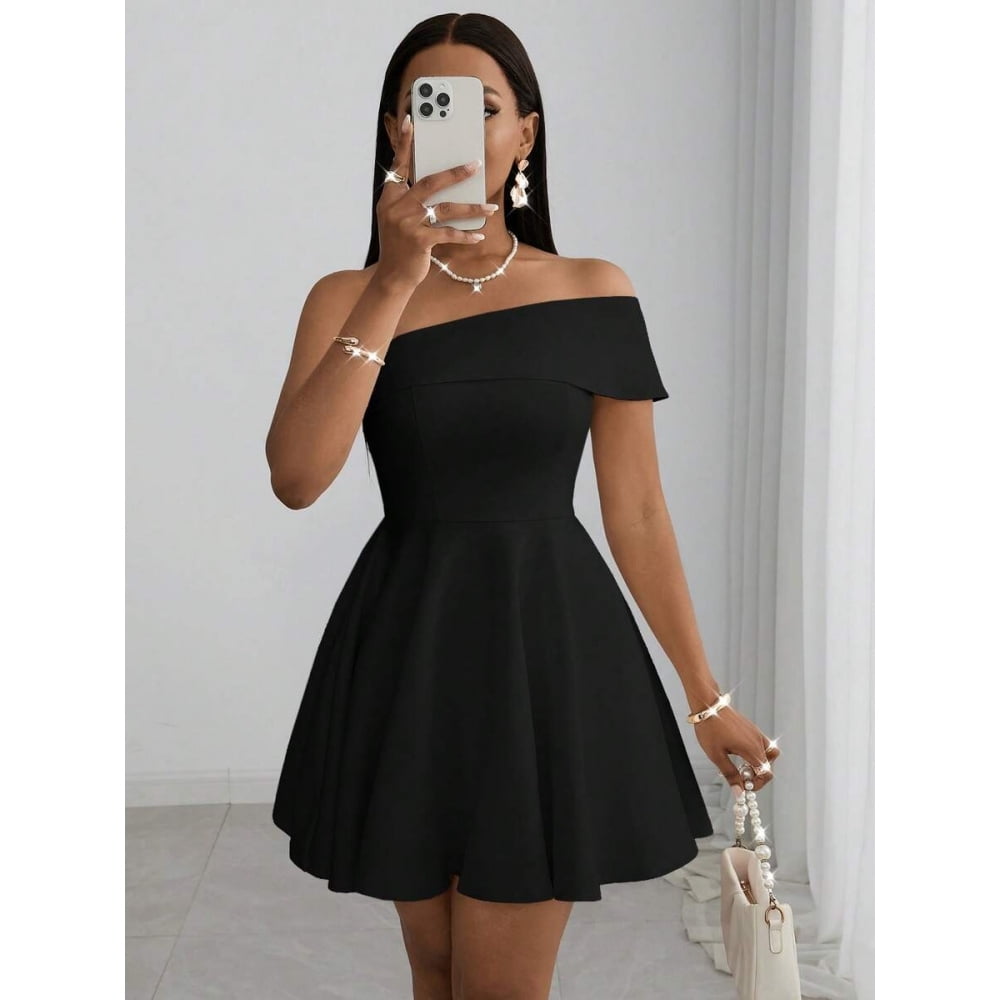 Black Off-Shoulder Fit & Flare Mini Dress For Party Wedding Dinner ...