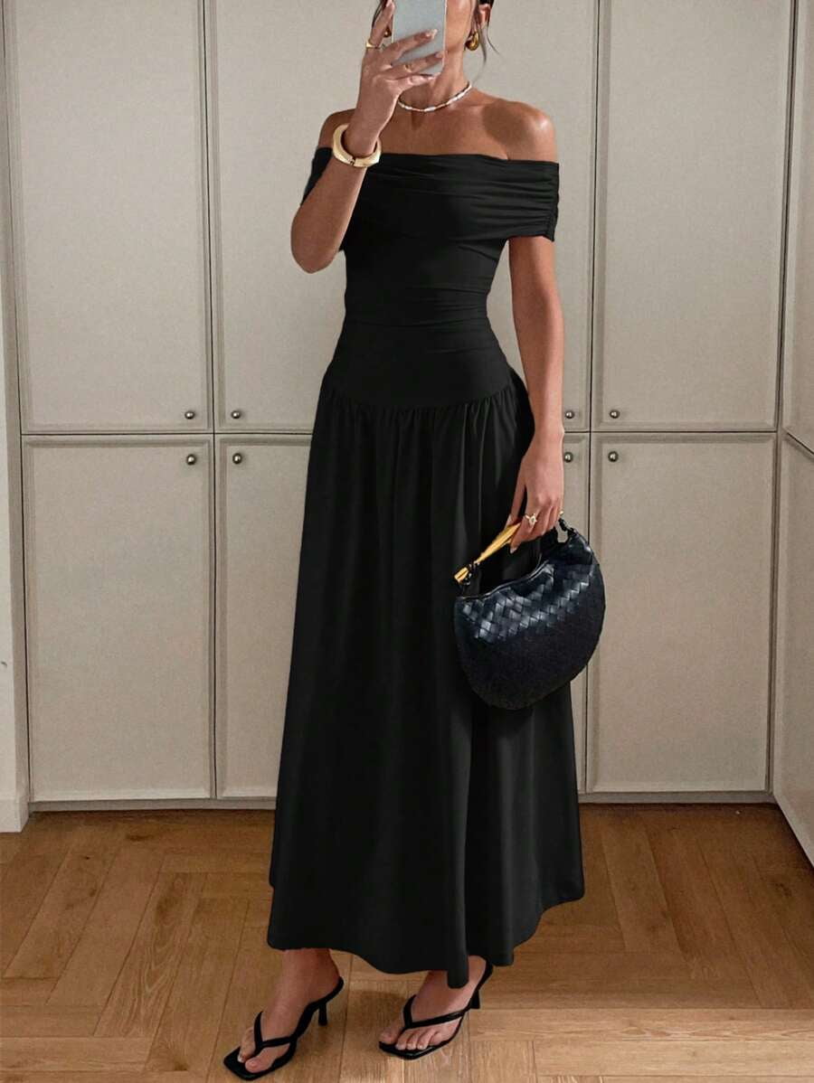 Black Off Shoulder Pleated Maxi Dress For Women Elegant Casual Party ...