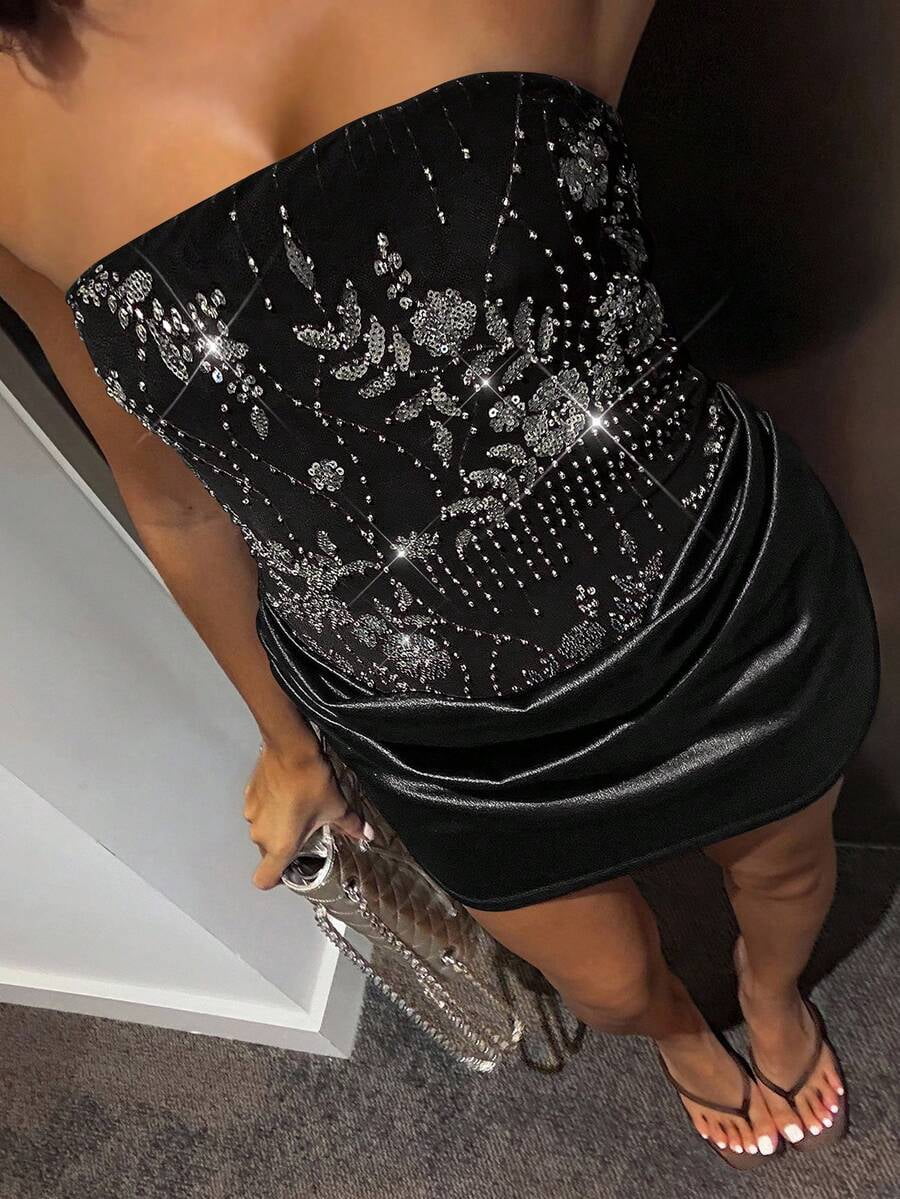 Black Off-Shoulder Sleeveless Ruched Mini Dress With Silver Sequin ...