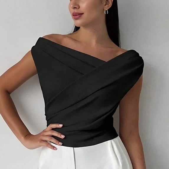 Black Off-Shoulder Wrap Top With Asymmetrical Drape And Belted Waist ...