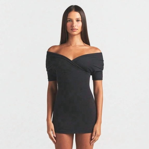Black Off-The-Shoulder Bodycon Mini Dress For Night Out - V-Neck Short ...