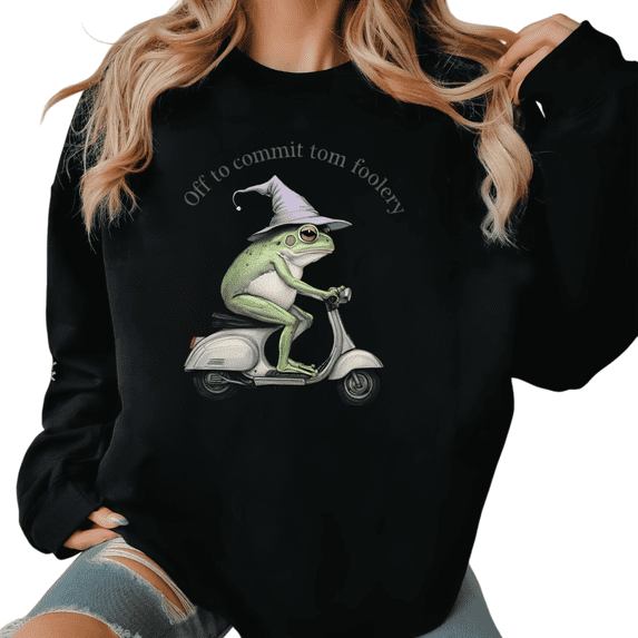 Black Off To Commit Tom Foolery Witch Frog Print Sweatshirt Graphic ...