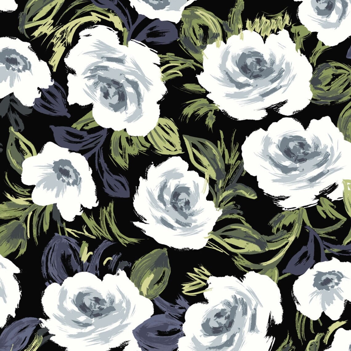 Black Off White Medium Flowers Floral Pattern Printed Rayon Crepon ...