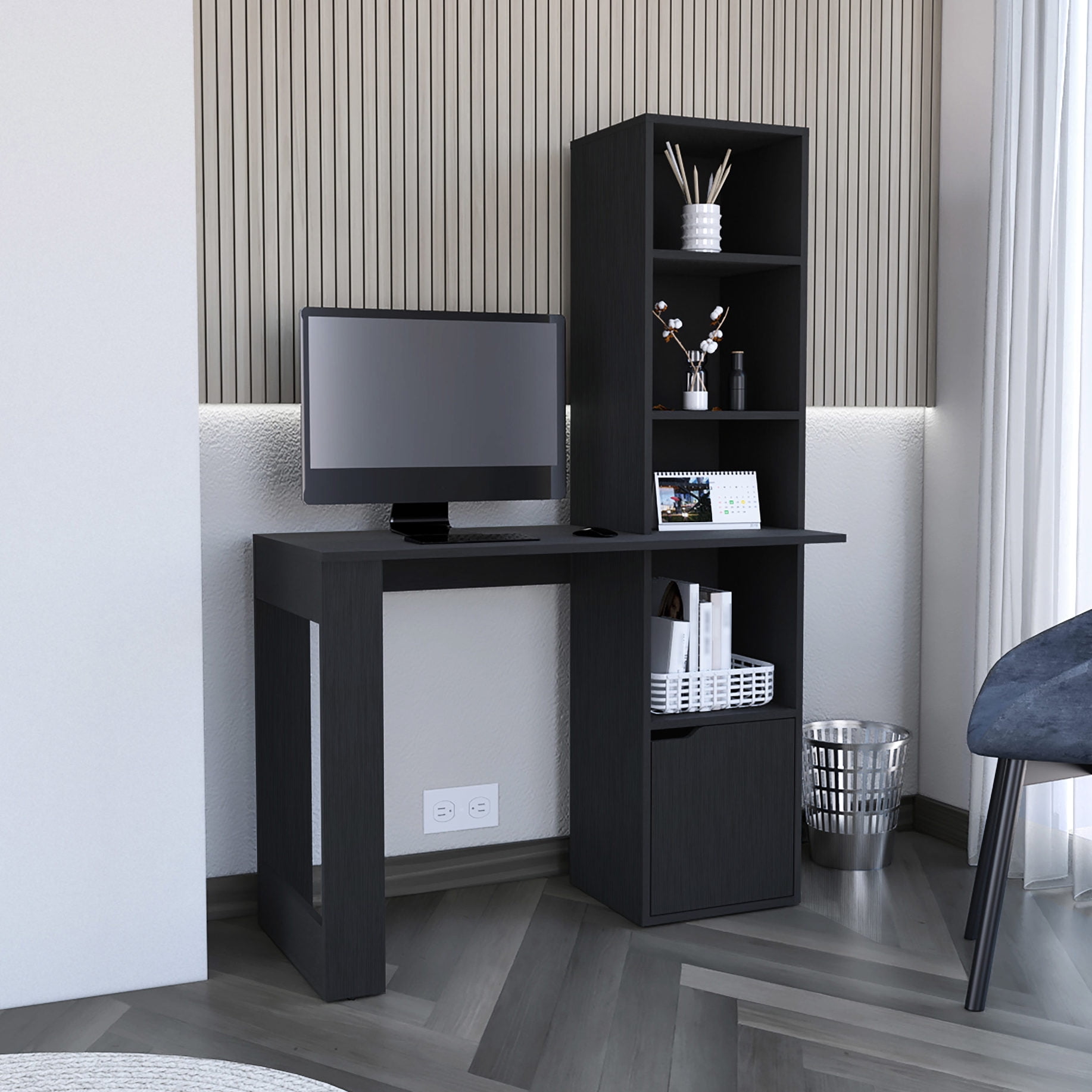 Black Office Desk with Bookcase and Lower Cabinet | Ample Storage for ...