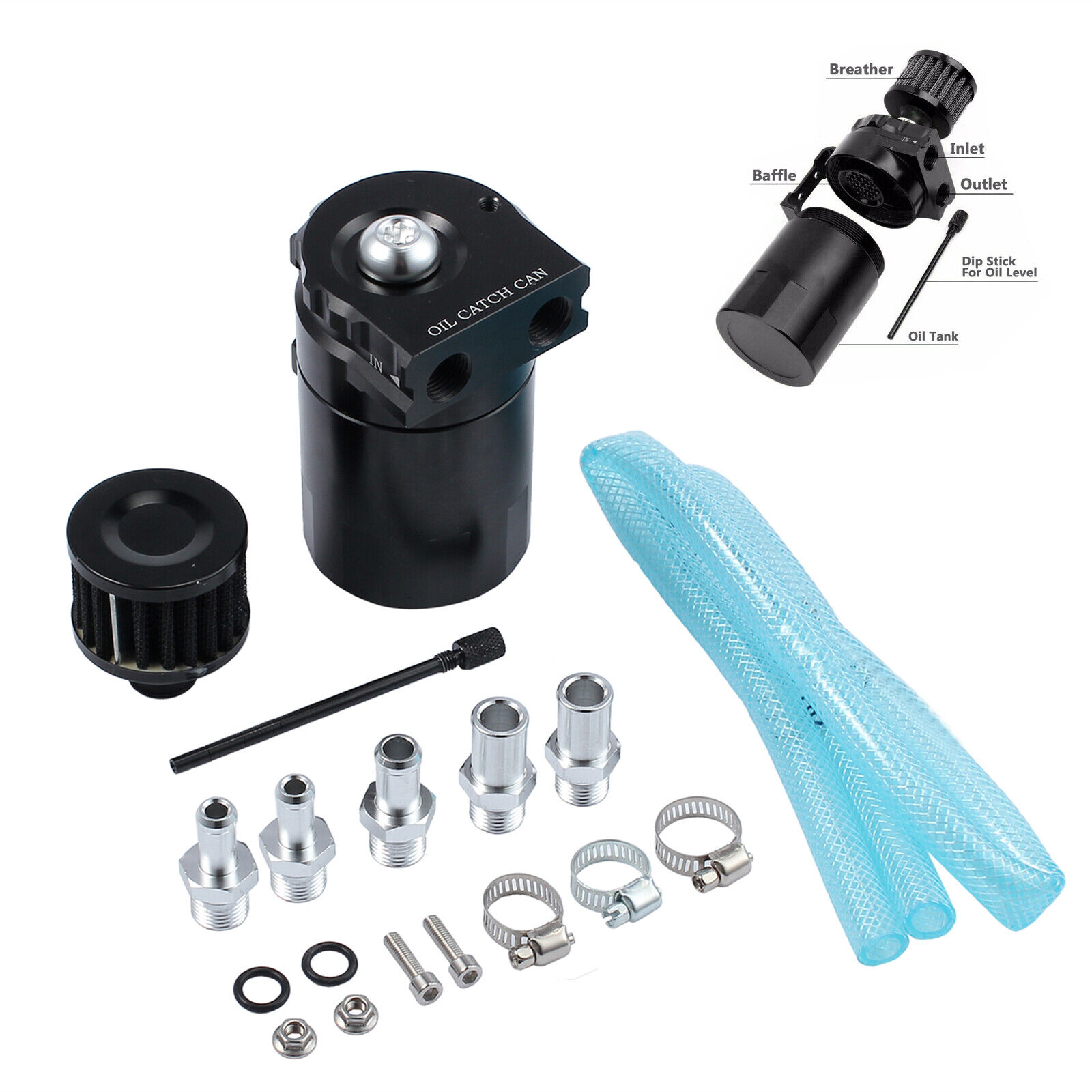 Black Oil Catch Can Kit Reservoir Baffled with Breather Filter ...