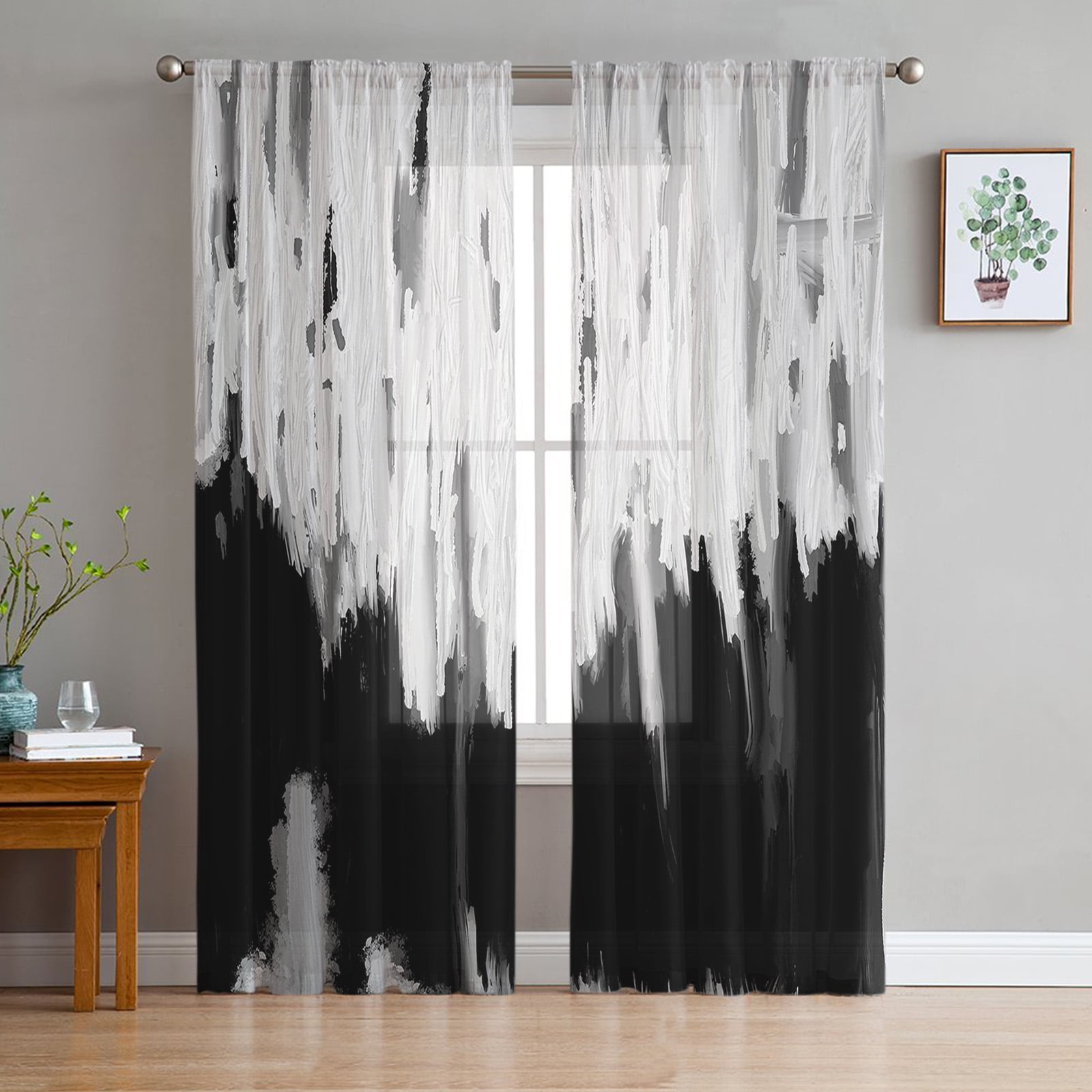 Black Oil Painting Abstract Geometric Texture Voile Sheer Curtains ...