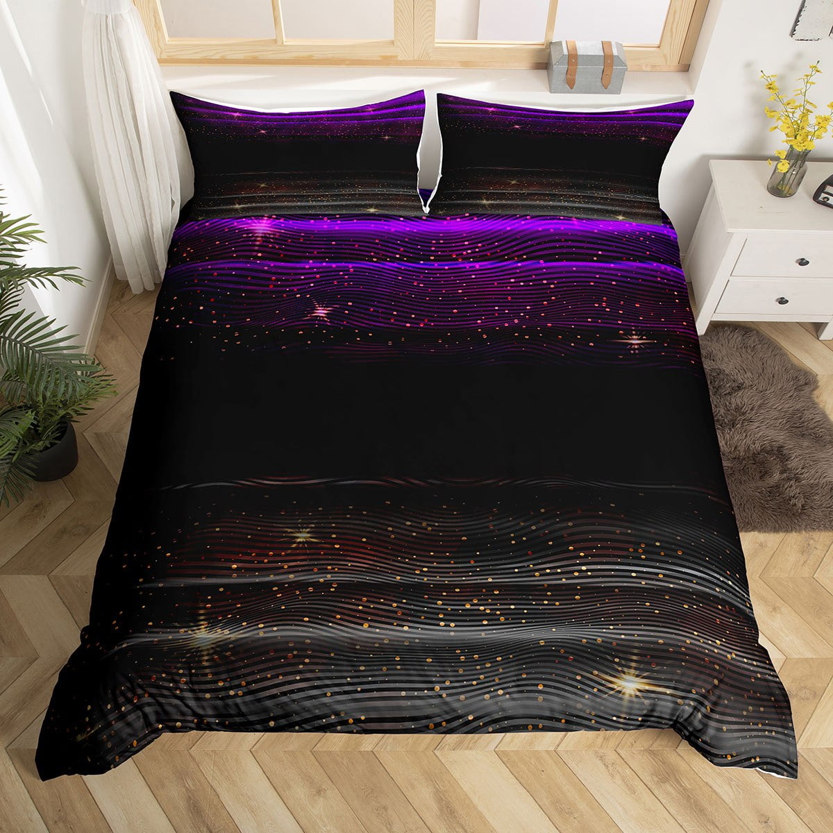 Black Ombre Duvet Cover Purple Geometric Stripe Bedding Set Queen ...