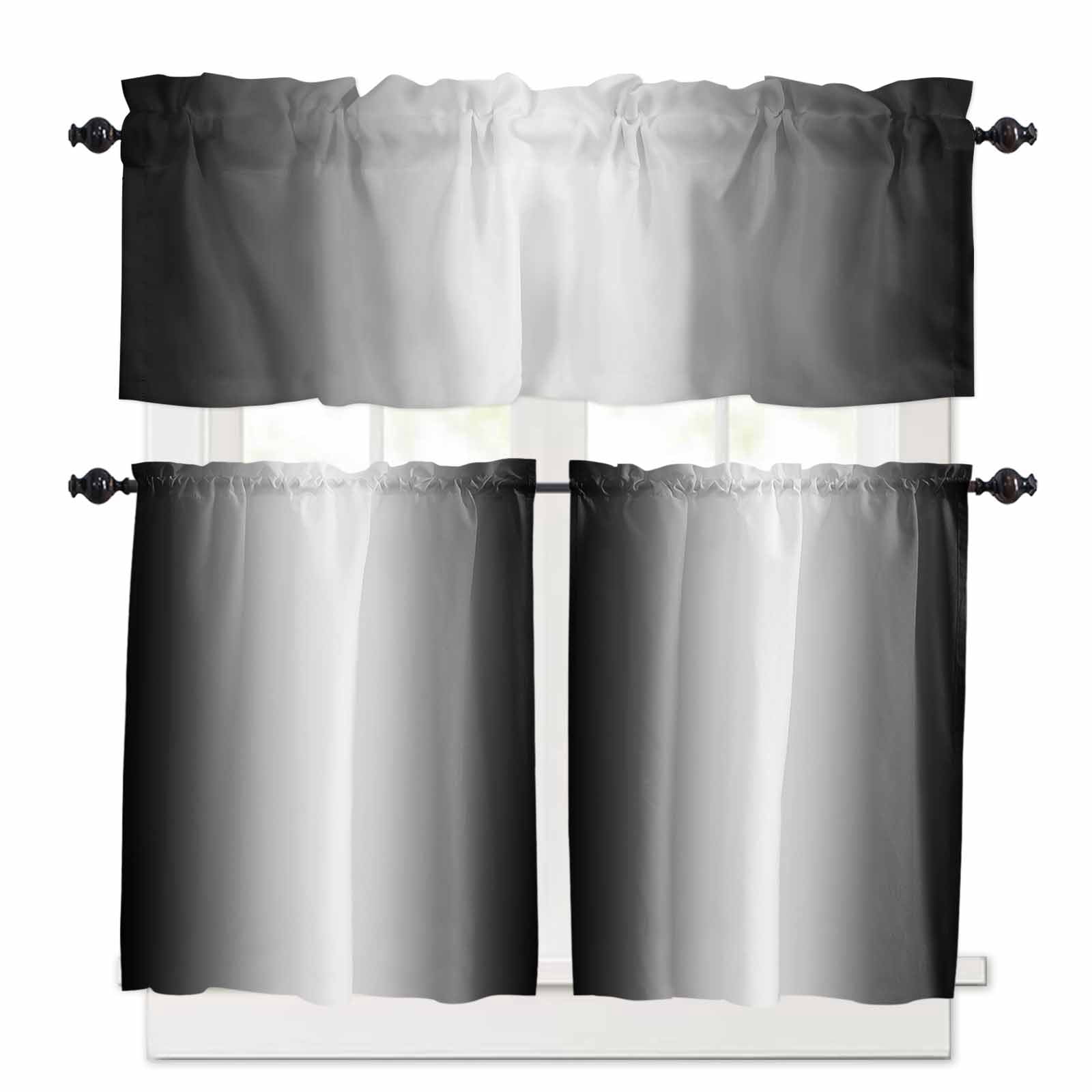 Black Ombre Kitchen Curtains and Valances Set, 3 Piece Kitchen Curtains ...