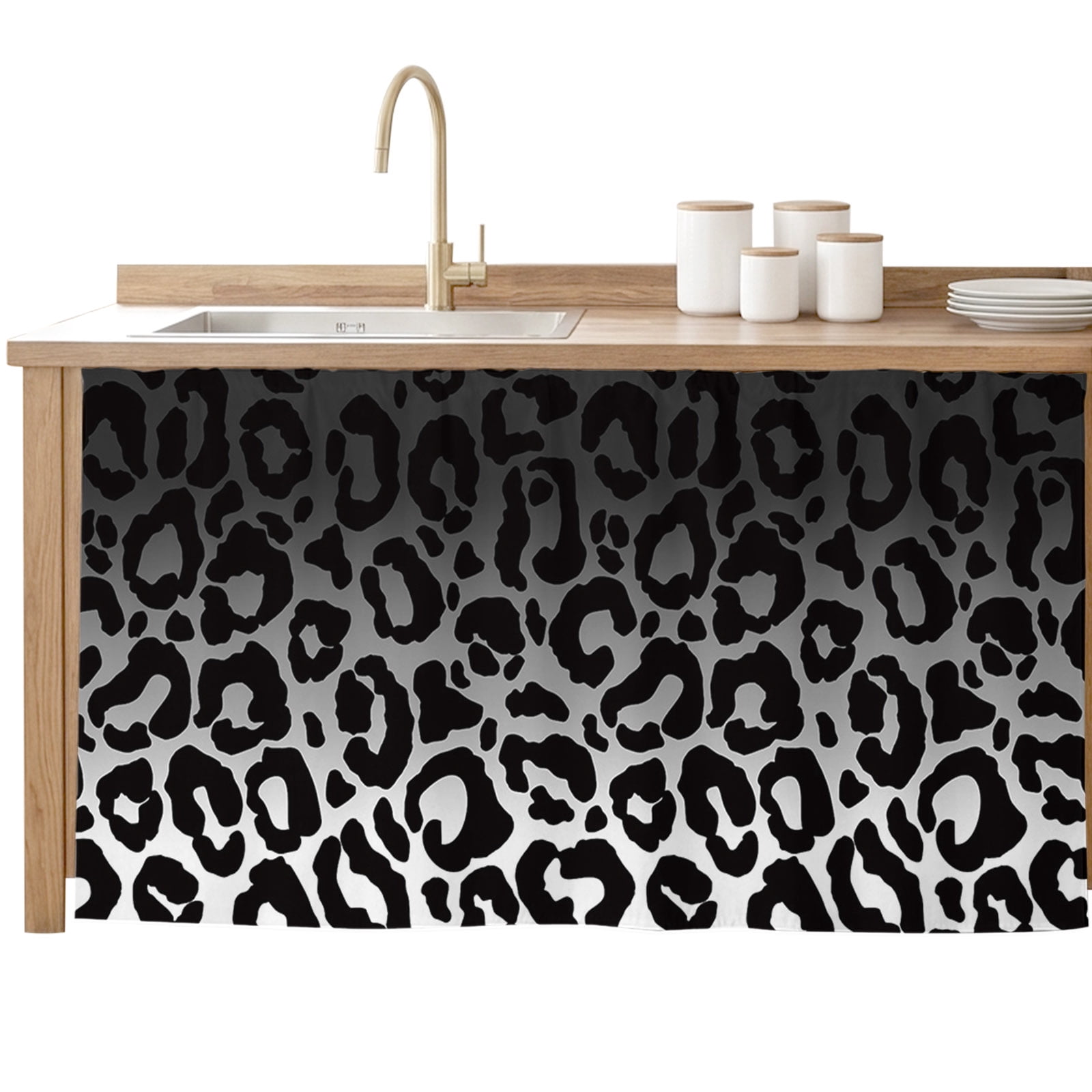 Black Ombre Leopard Cabinet Curtains 32"W x 55"L,Dustproof Sink Skirt ...