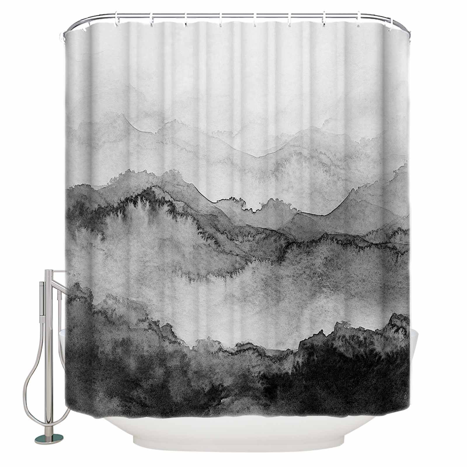Black Ombre Mountain Bathroom Shower Curtains with 12 Hooks Polyester ...