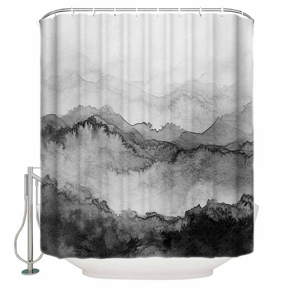 Black Ombre Mountain Bathroom Shower Curtains with 12 Hooks Polyester ...