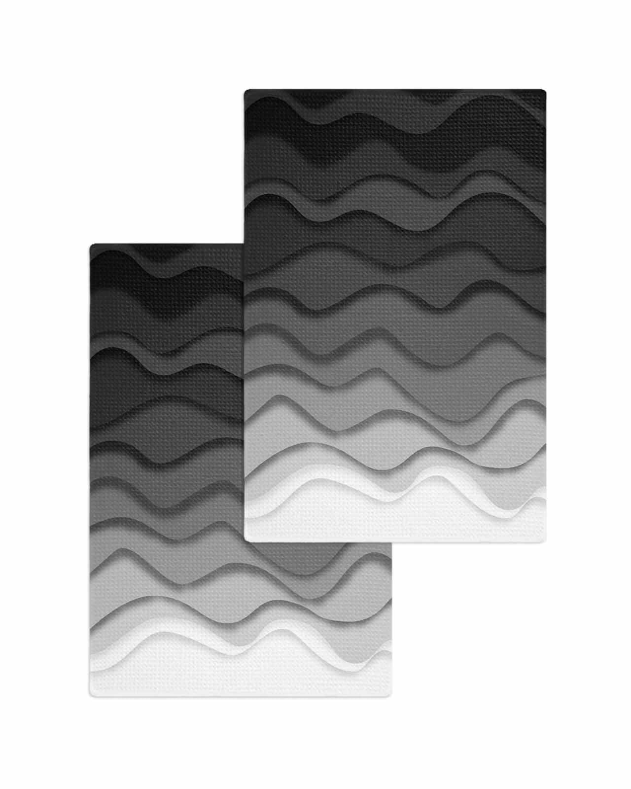 Black Ombre Stripes Kitchen Dish Towels for Drying Dishes Set of 2, Modern Abstract Sea Waves ...