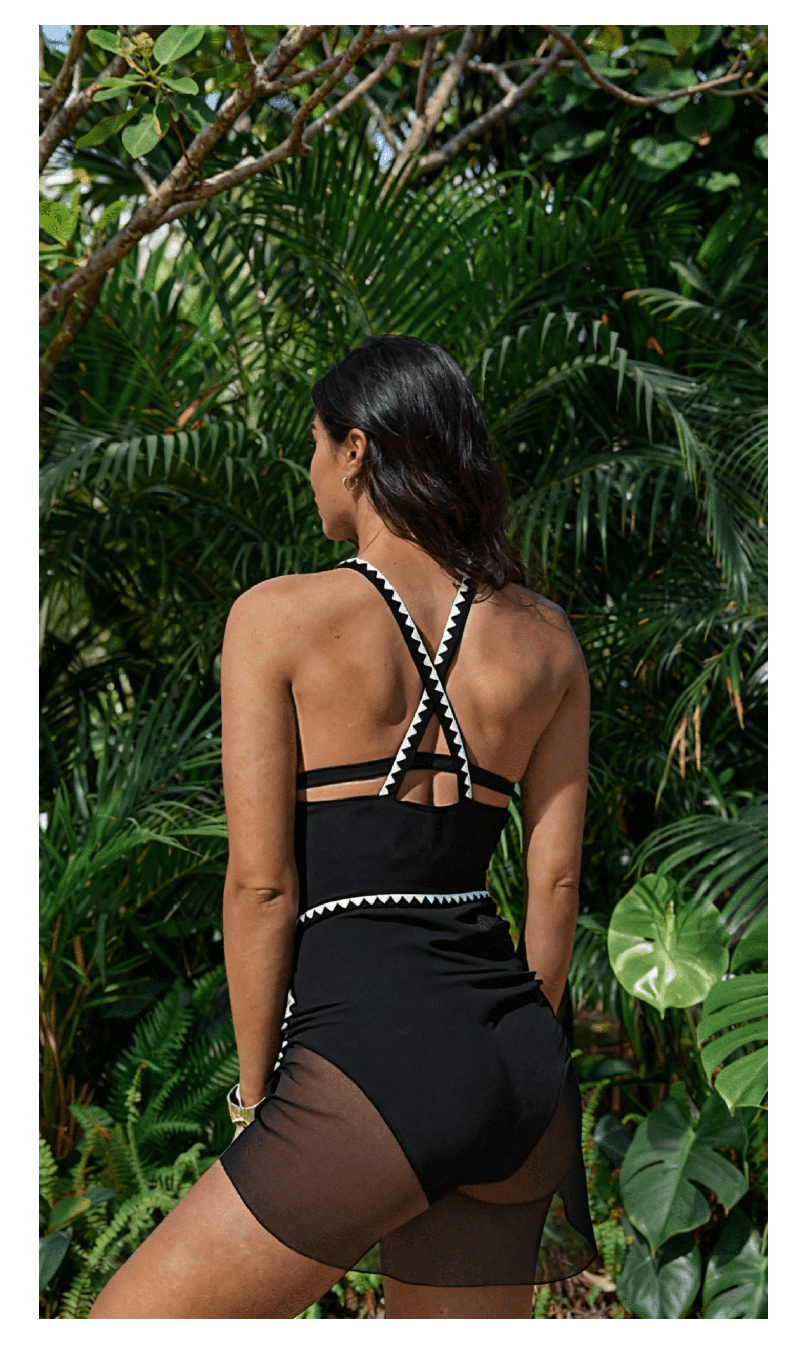 Black One Piece Swimsuit Chevron Trim Crisscross Back Bathing Suit for ...