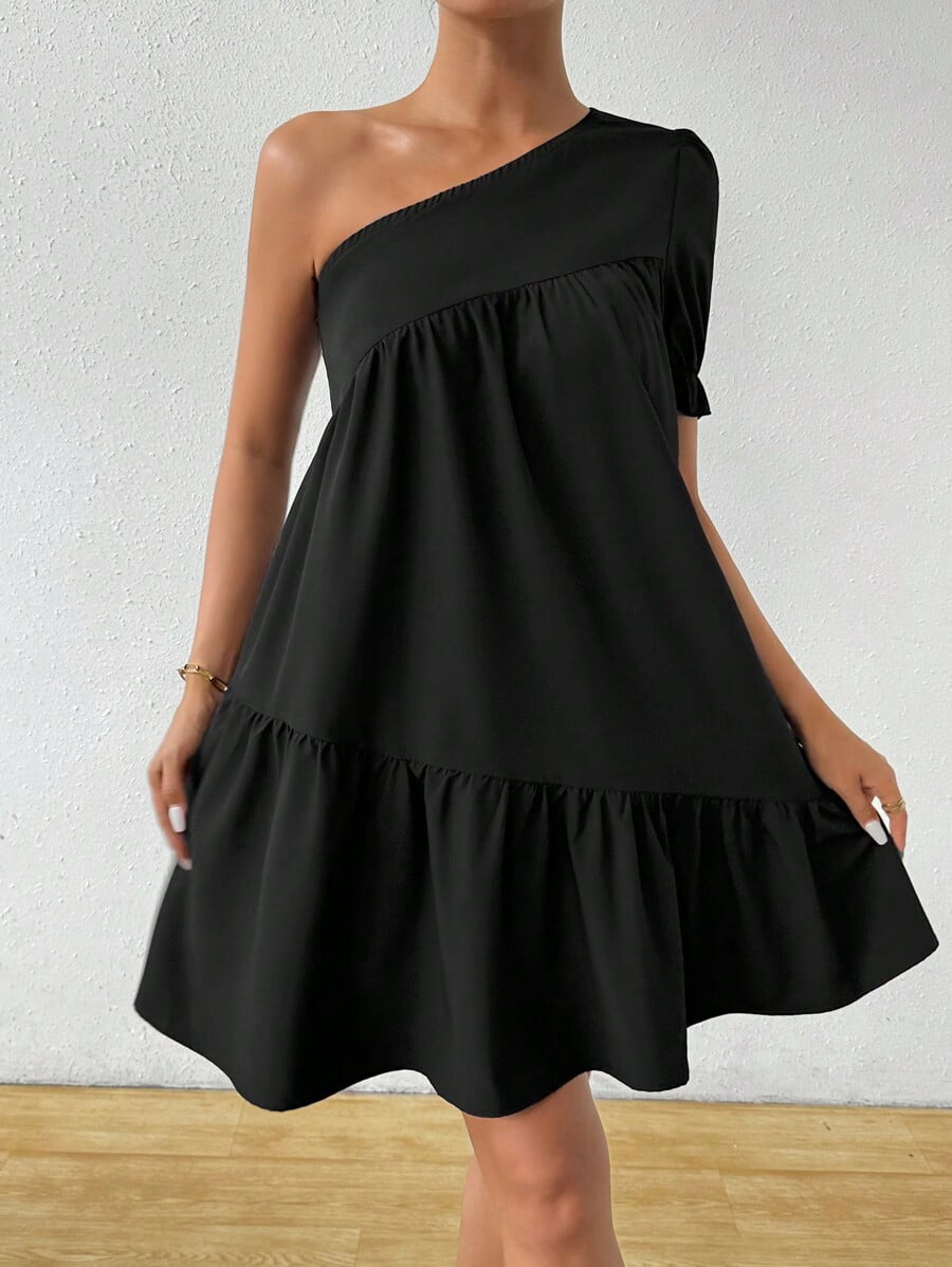 Black One Shoulder Asymmetrical Neck Ruffle Hem A-Line Mini Dress ...