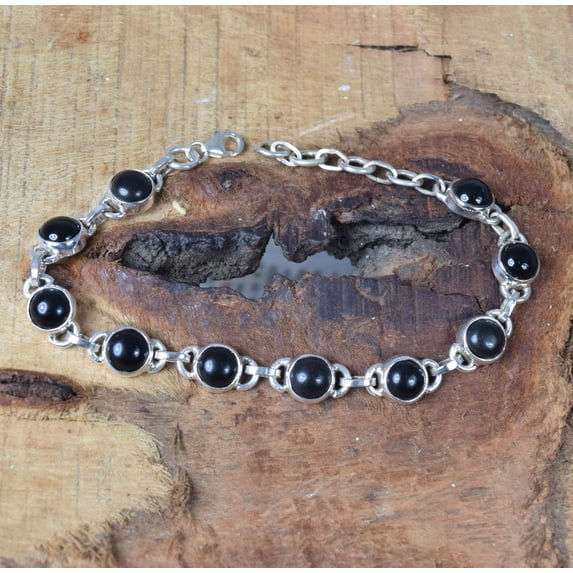 Black Onyx 925 Sterling Silver Bracelet, Round Onyx Gemstone Bracelet ...