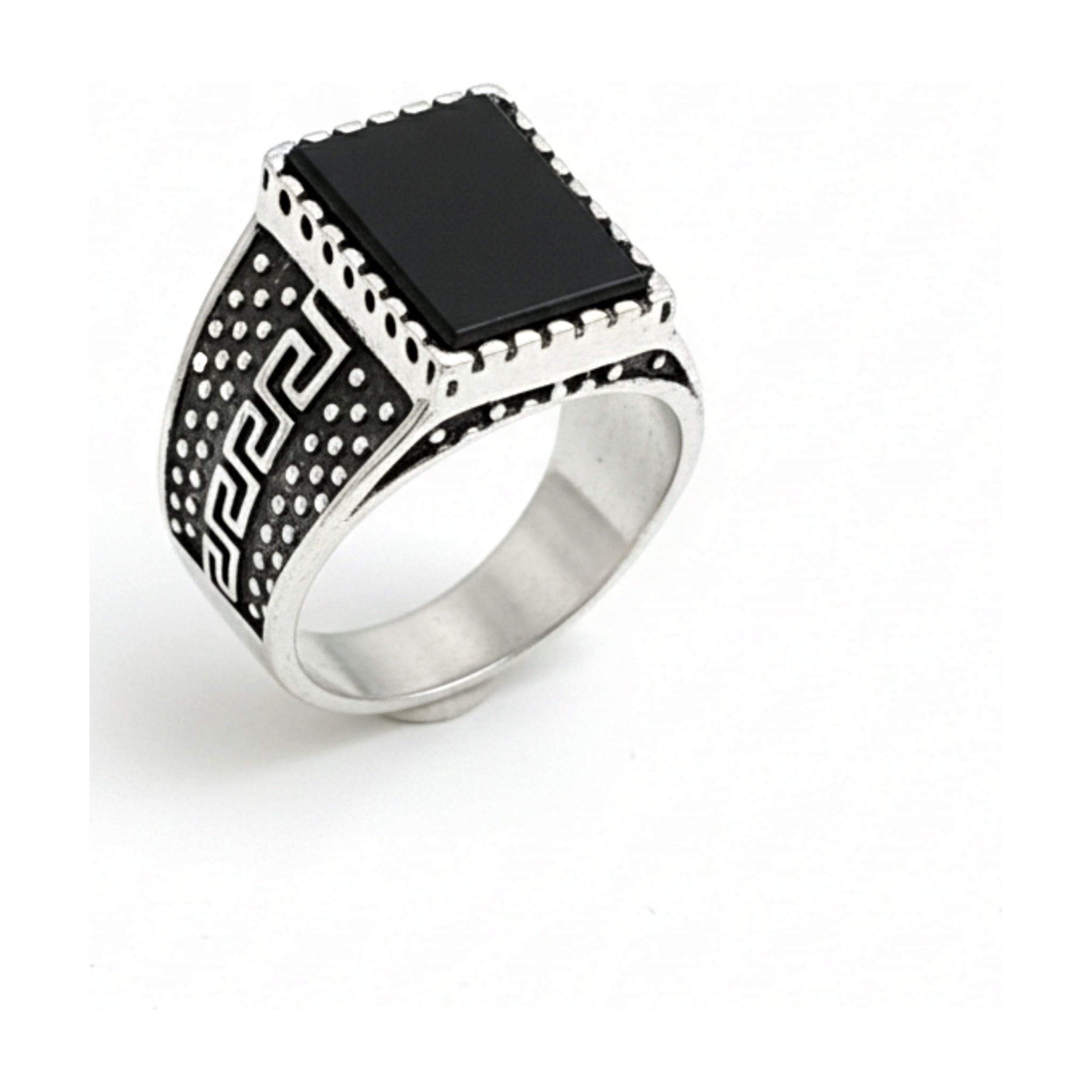 Black Onyx 925 Sterling Silver Ring, Greek Key Design Engraved Band ...