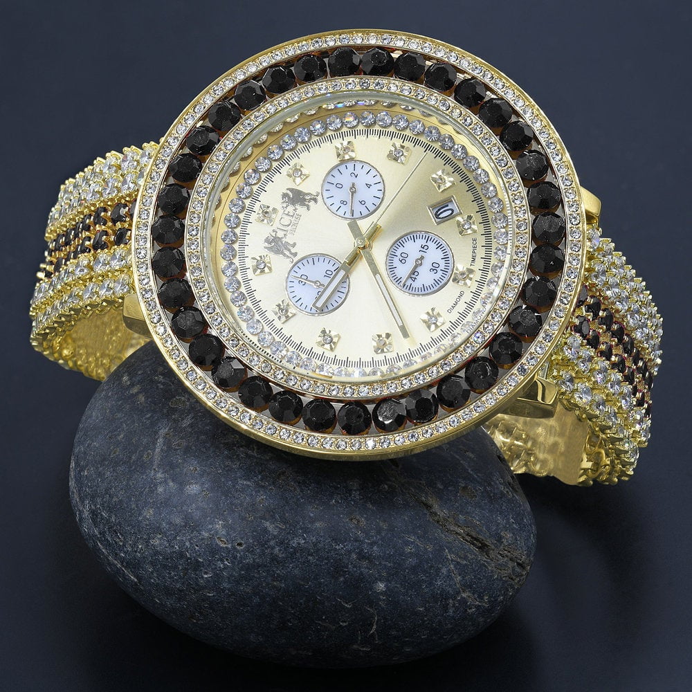 Black Onyx Big Face Dial Simulated Diamond Yellow Gold Finish Mens Jo ...
