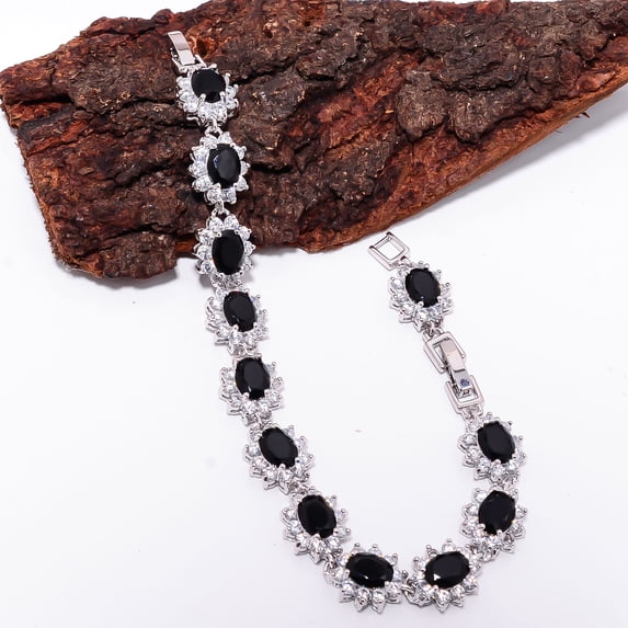 Black Onyx, CZ 925 Sterling Silver Adjustable Tennis Bracelet 7-8 ...