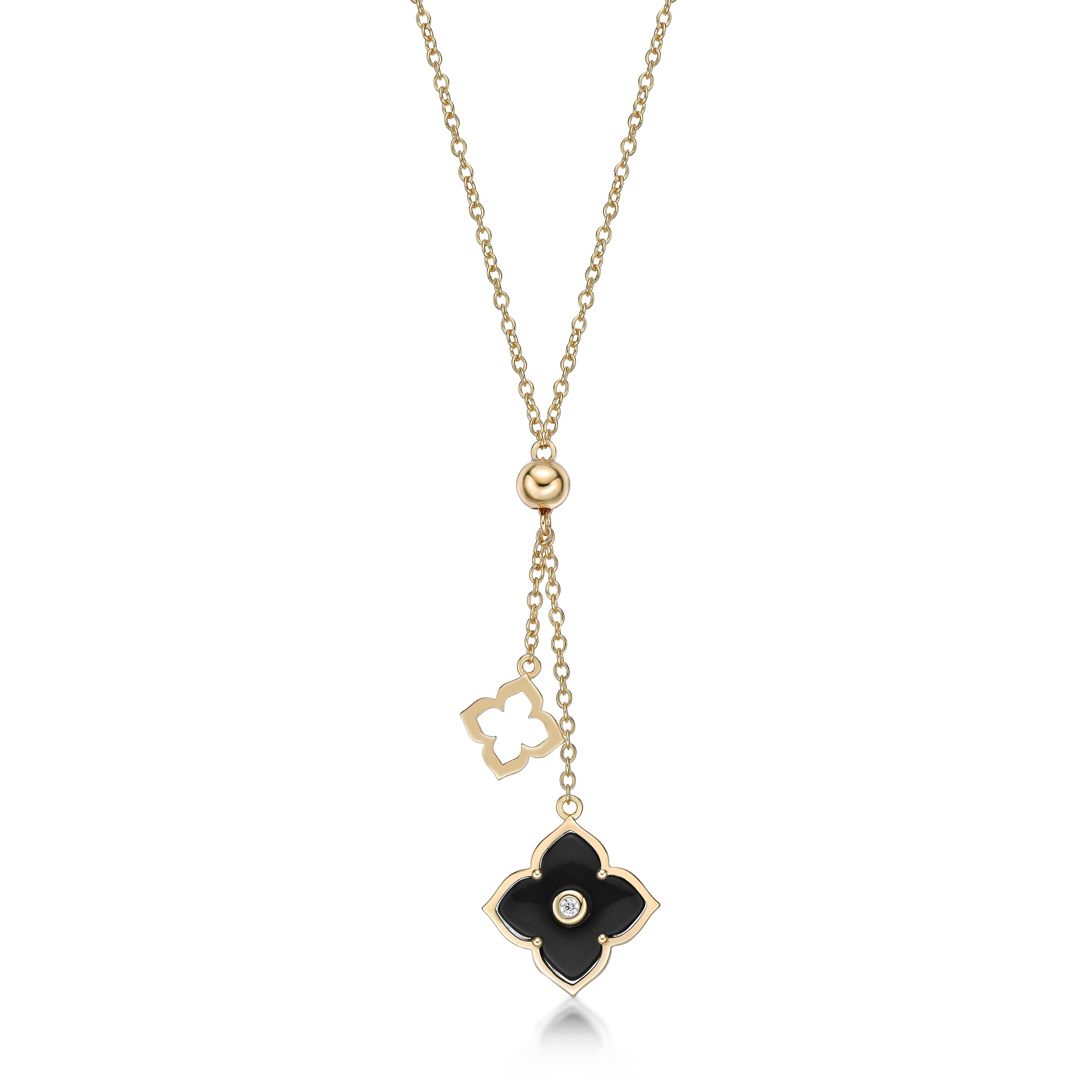 Black Onyx and Cubic Zirconia Double Flower Pendant Necklace in 925 ...