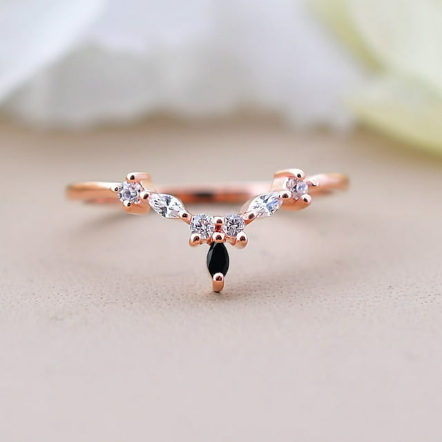 Black Onyx Curved simulated diamond Wedding Band, simulated diamond Engagement Ring, Marquise ...