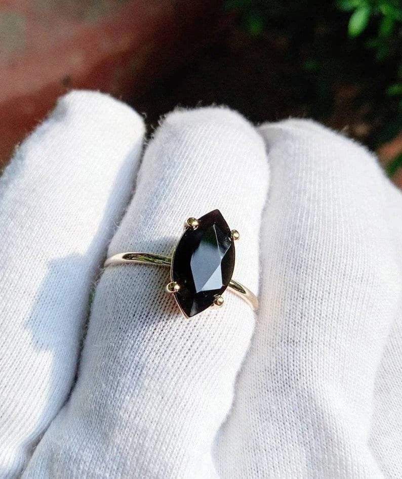 Black Onyx Diamond Ring, Marquise Cut Black Onyx Engagement Ring,925 ...