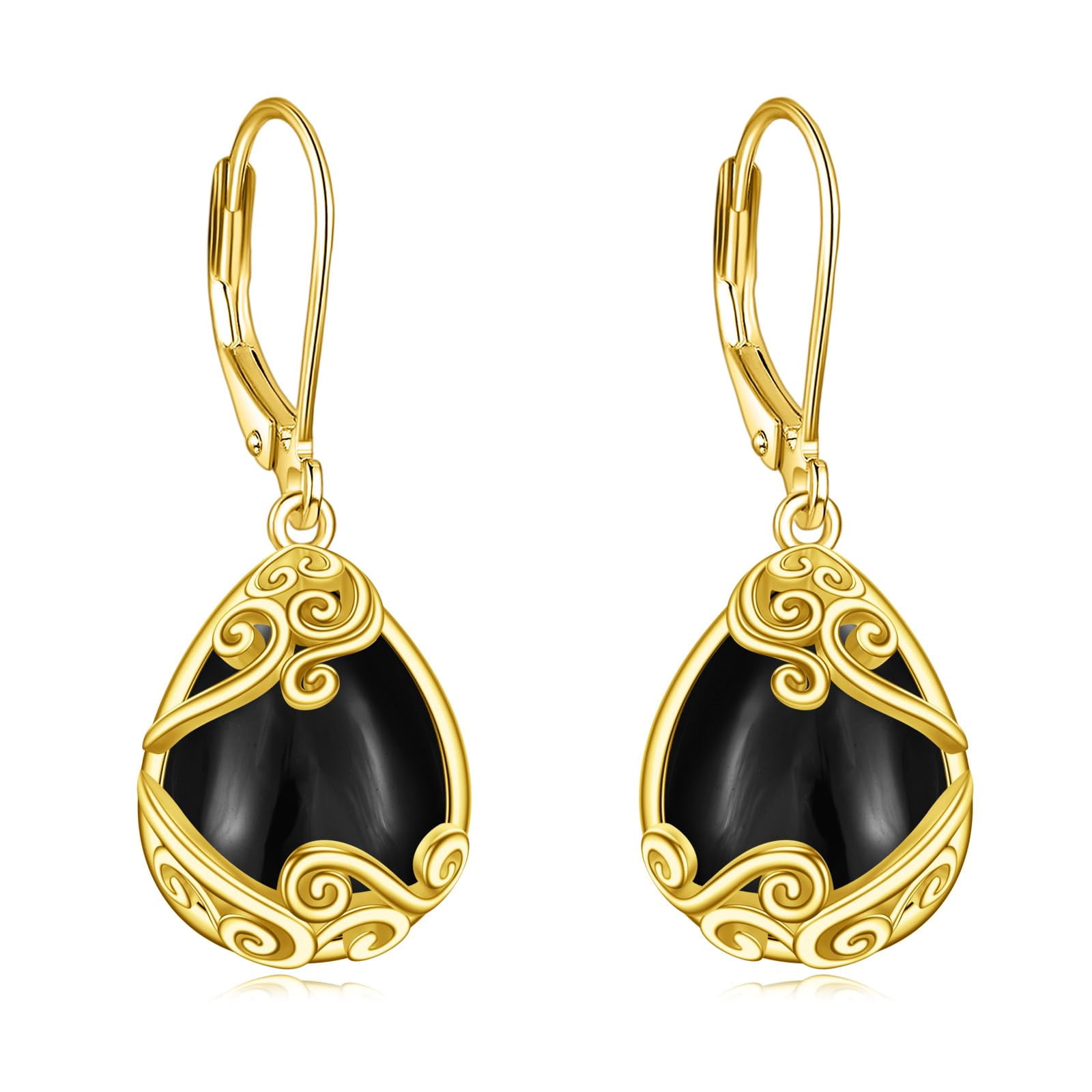 Black Onyx Drop Earrings for Women - Sterling Silver 18K Yellow Gold ...