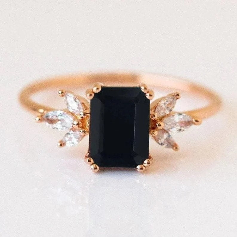 Black Onyx Engagement Ring Emerald Cut 14K Rose Gold Engagement Ring ...