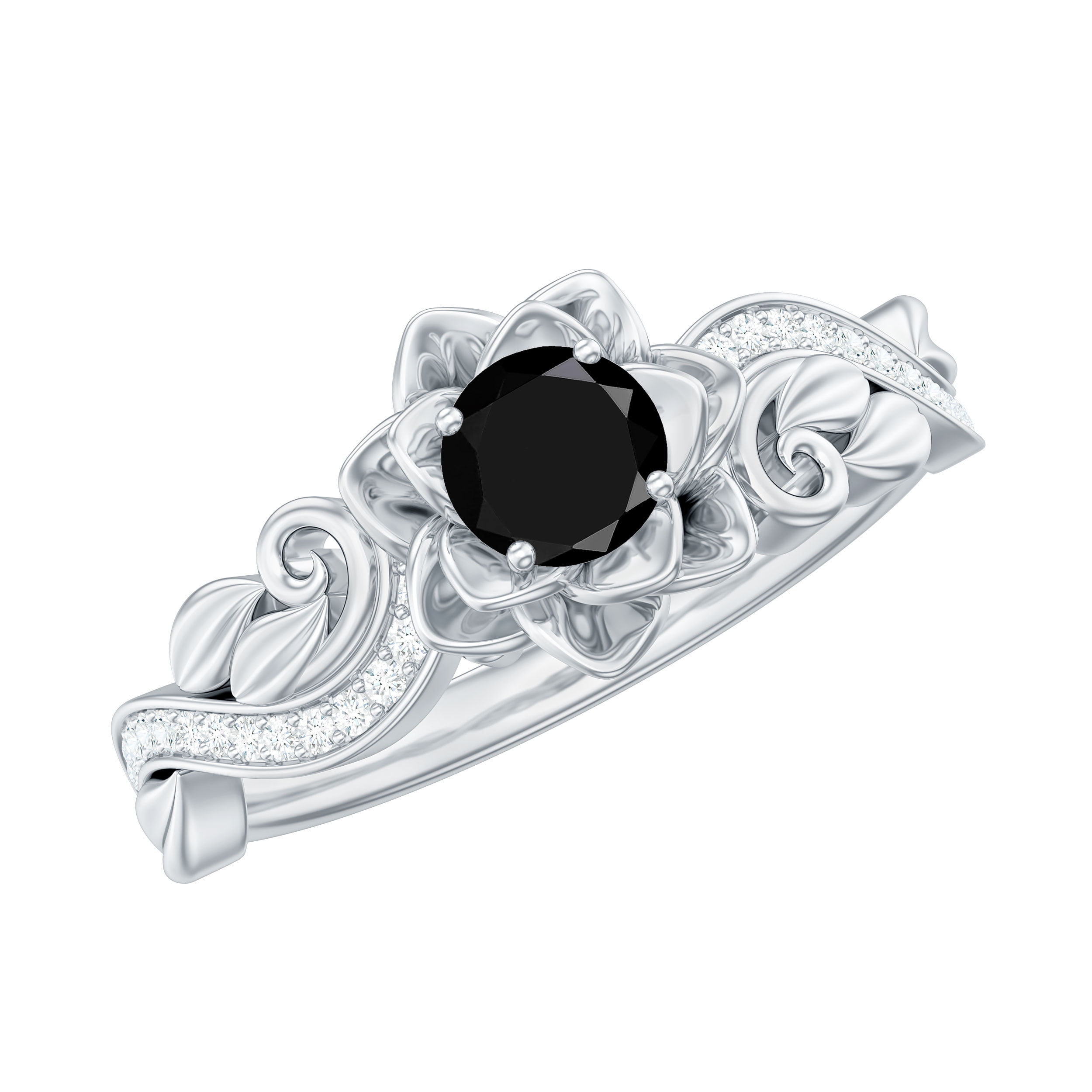 Rosec Jewels Natural Black Onyx Flower Engagement Ring for Women ...