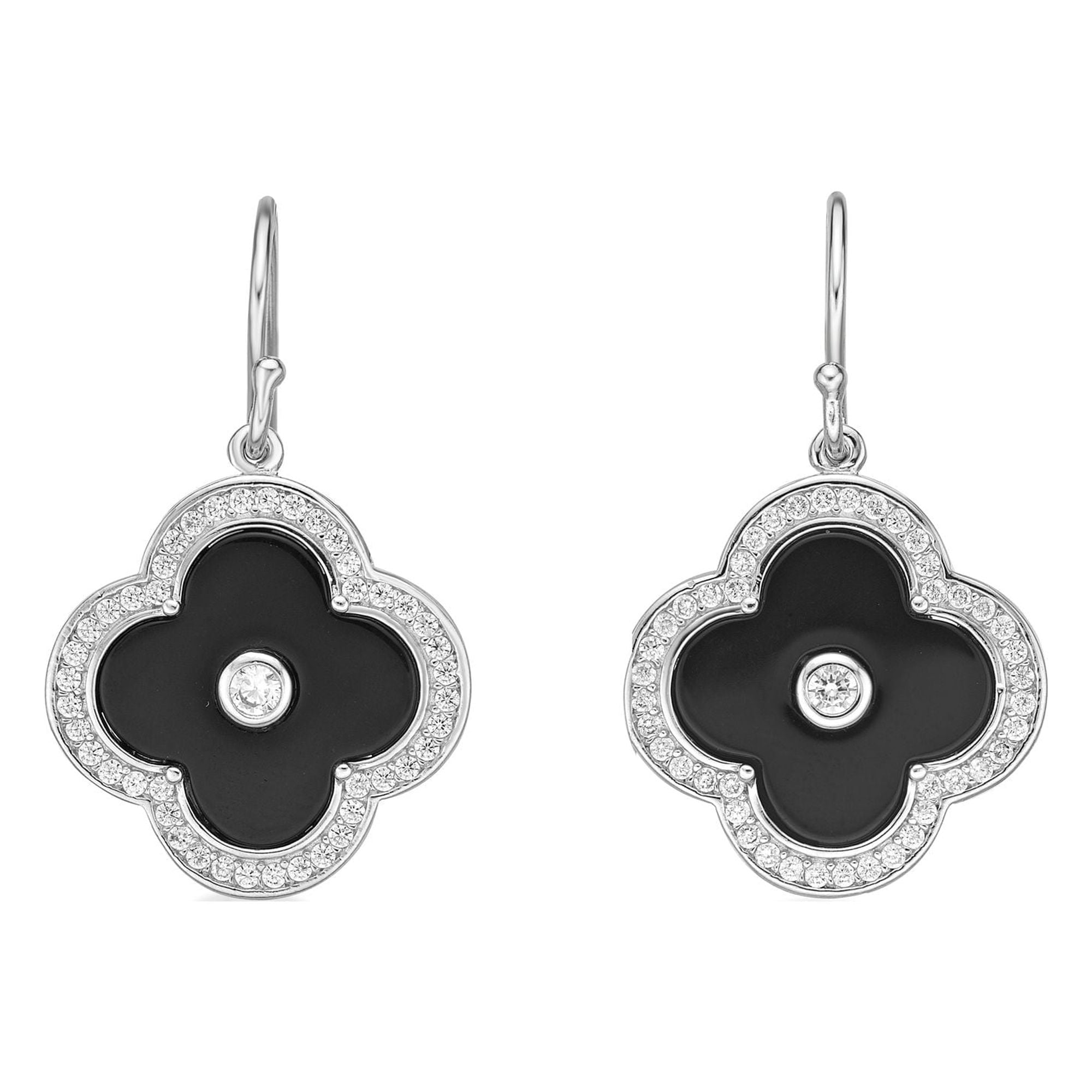 Black Onyx Flower Drop Earrings in 925 Sterling Silver with Rhodium ...