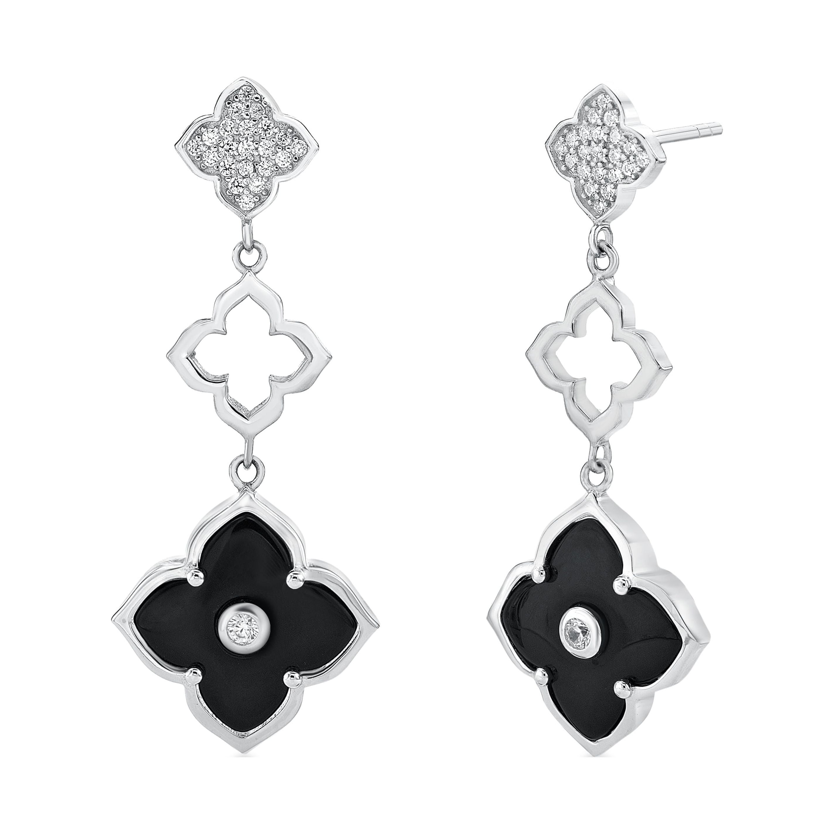 Free Shipping! Black Onyx Three Flower Drop Dangle Earrings for Women ...