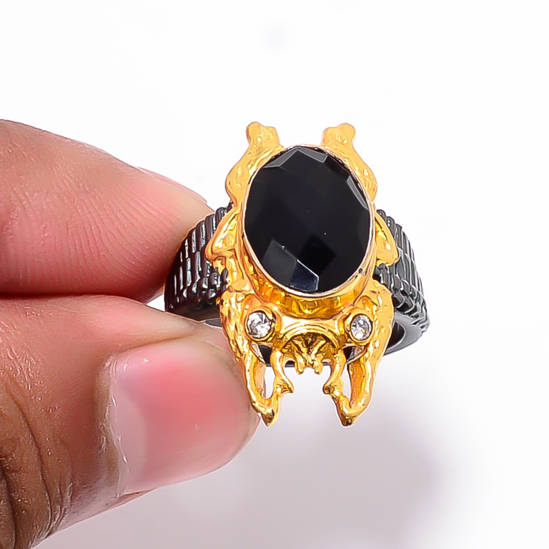 Black Onyx & White Topaz 925 Sterling Silver Frog Ring S.7.5 R8751 ...