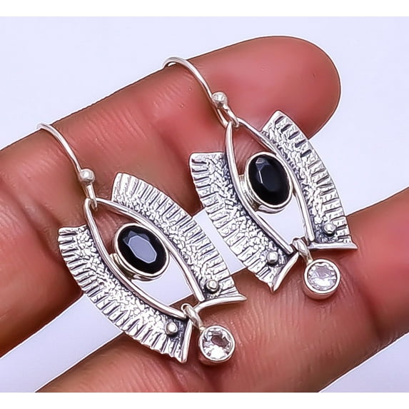 Black Onyx & White Topaz Designer Handmade 925 Sterling Silver Earring 1.56" E32, Beautiful ...