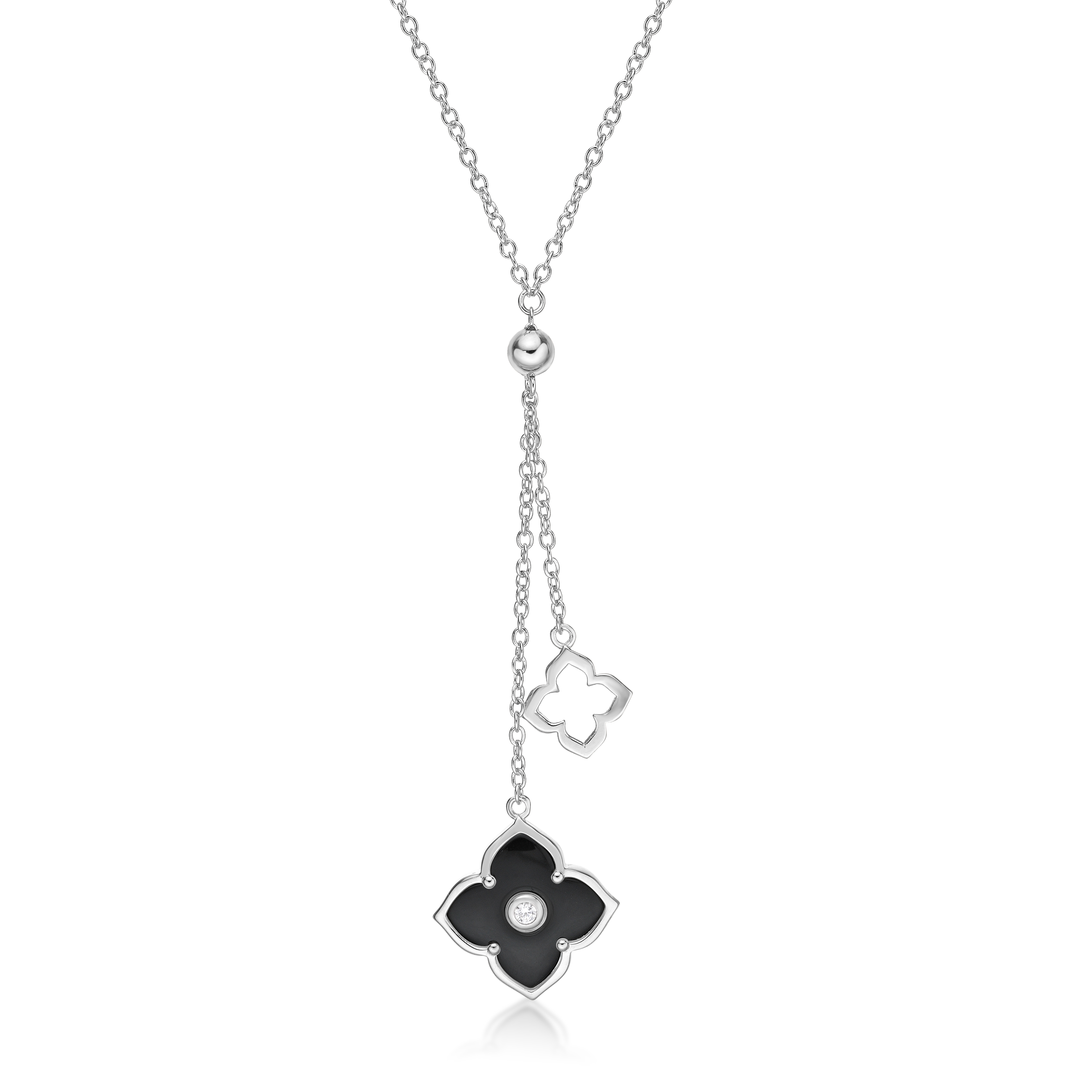 Black Onyx and Cubic Zirconia Double Flower Pendant Necklace in 925 ...