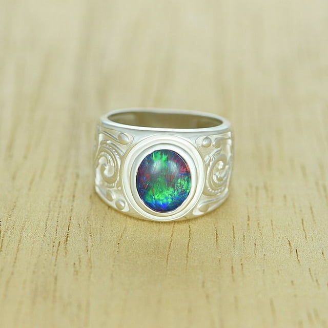 Black Opal Ring for Men Filigree Art Nouveau Band 925 Sterling Silver ...