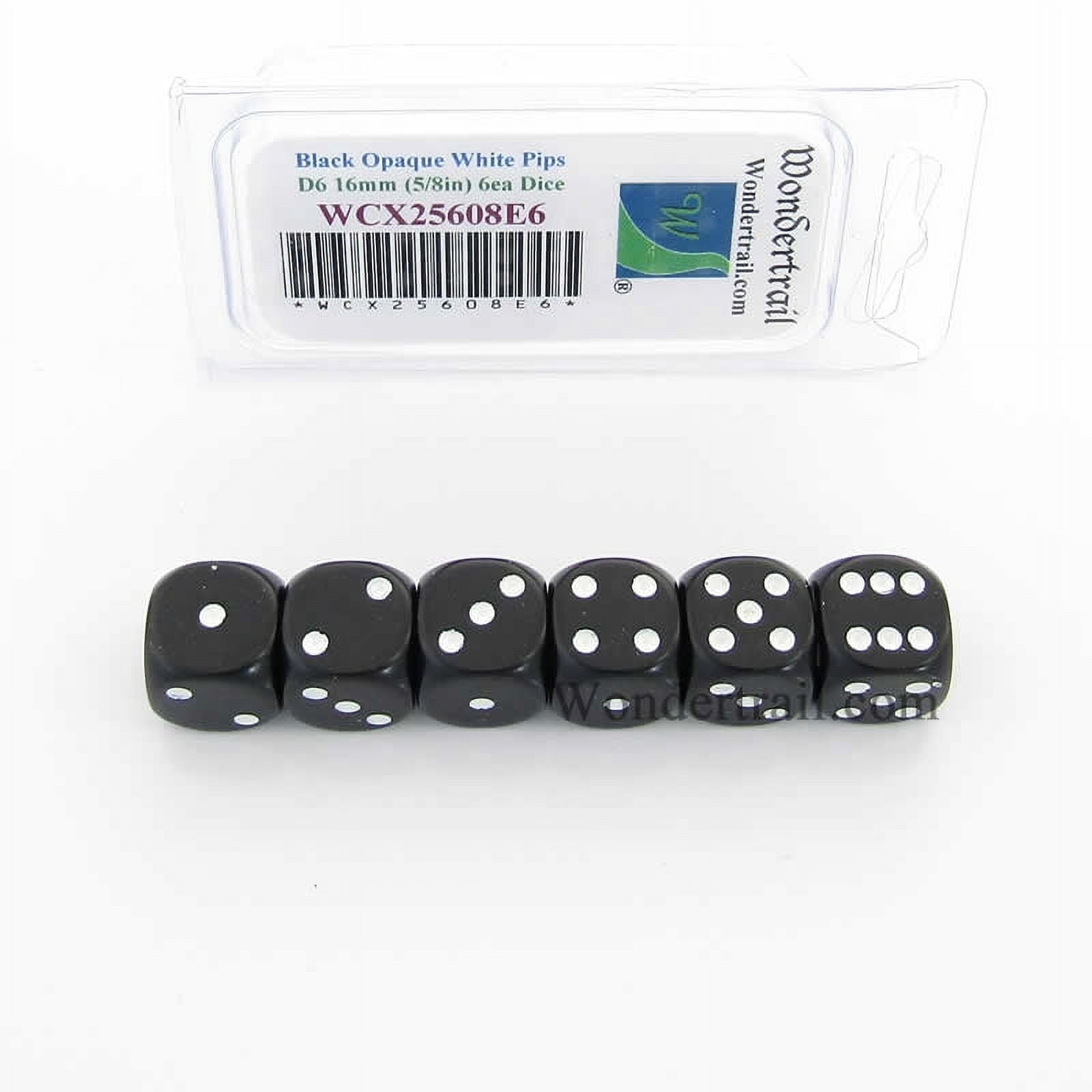 Black Opaque Dice with White Pips D6 16mm (5/8in) Pack of 6 Wondertrail ...