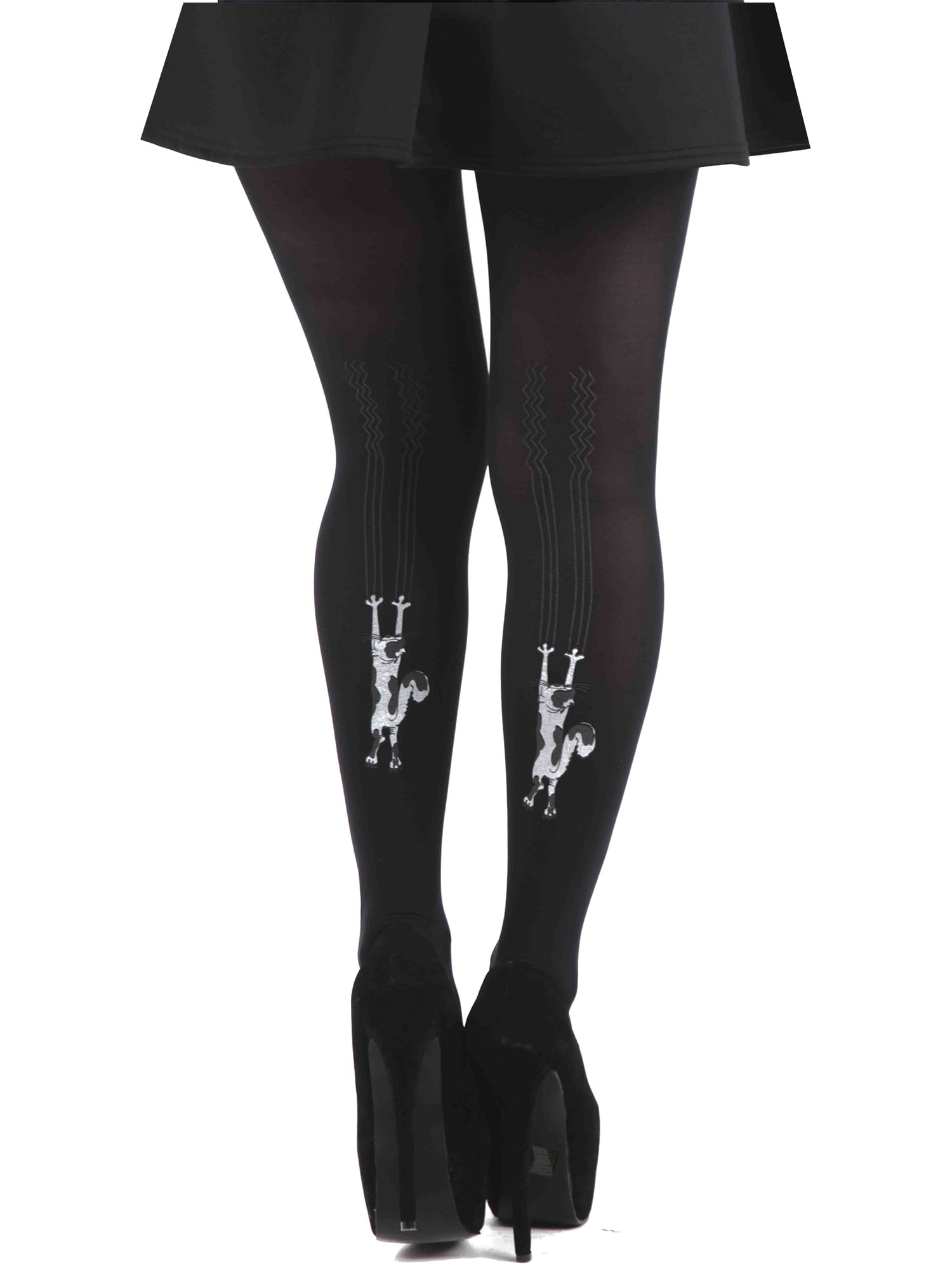 Black Opaque Patterned Tights with Cute Cats on the Back For Women ...