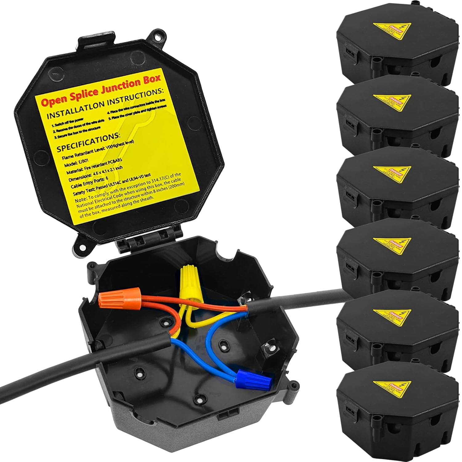 Black Open Splice Junction Box (6 Pack) Splice Box Wire Electrical Junction Box with Cover V0 ...