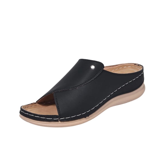 Black Open Toe Wedge Slippers With Thick Platform And Solid Color For ...