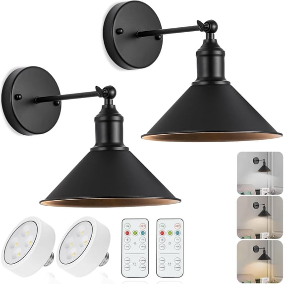 Black Operated Wall Sconces, Cordless LED Wall Lights Set of 2 with ...
