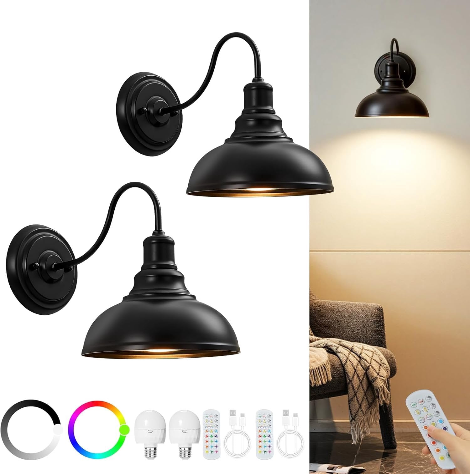 Black Operated Wall Sconces Set of Two, Wall Lights with Rechargeable ...