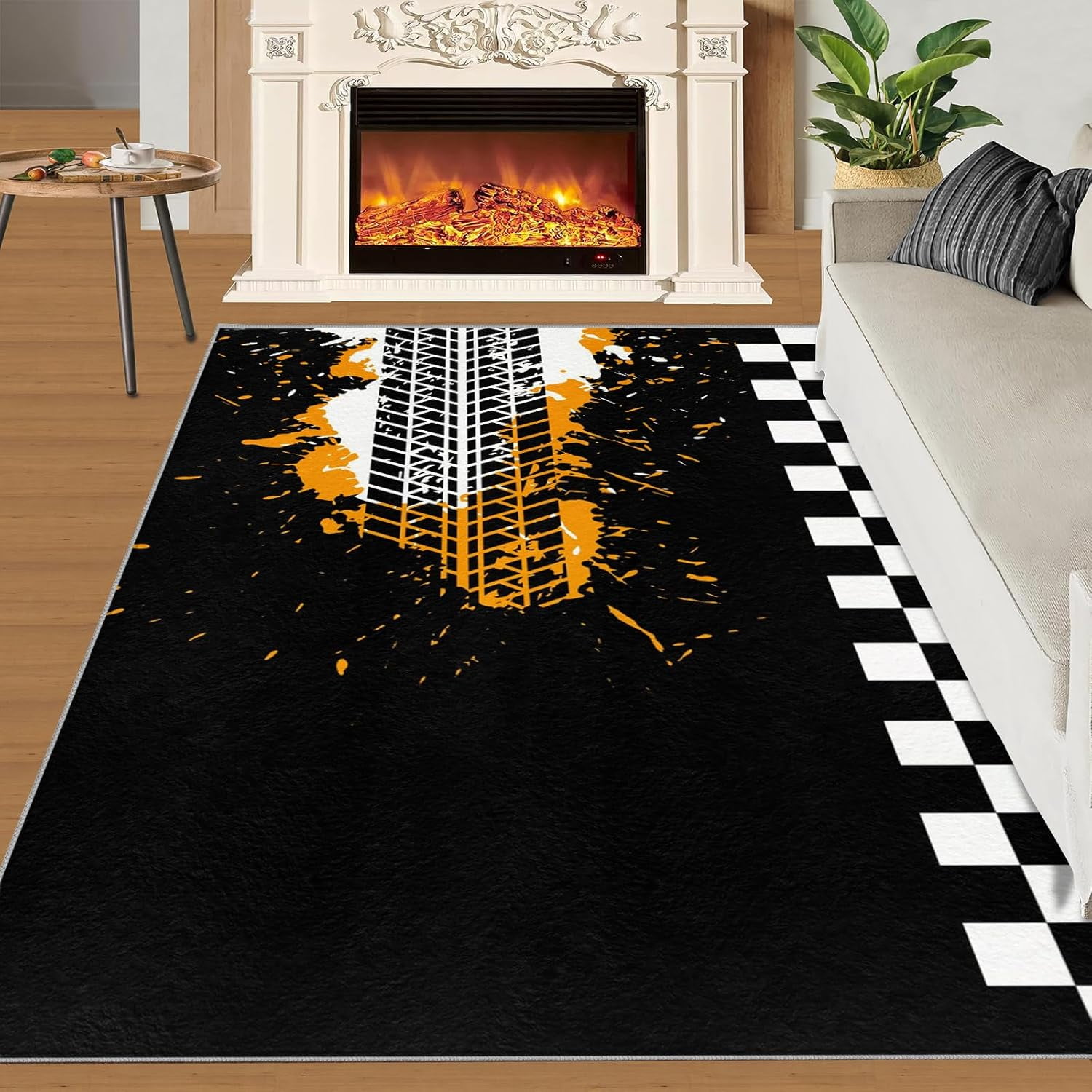 Black Orange Abstract Graffiti Ink Racing Rug， Minimalism Tires Traces ...