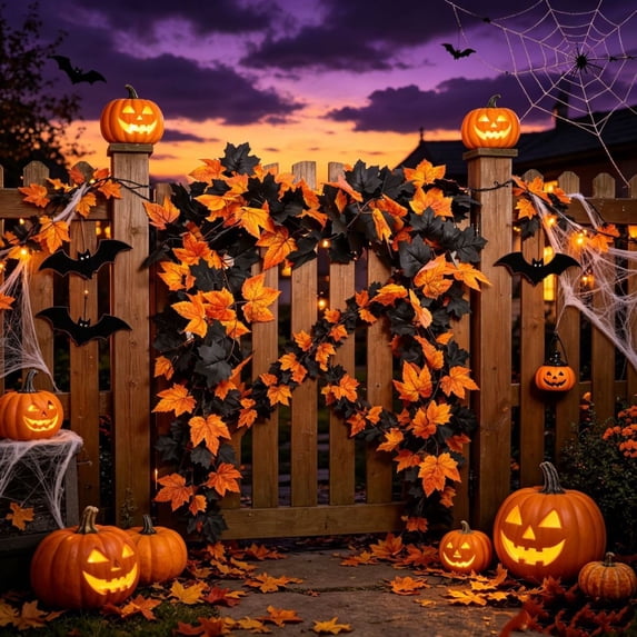 Black & Orange Artificial Maple Leaf Vine Garlands with Mini Pumpkin ...