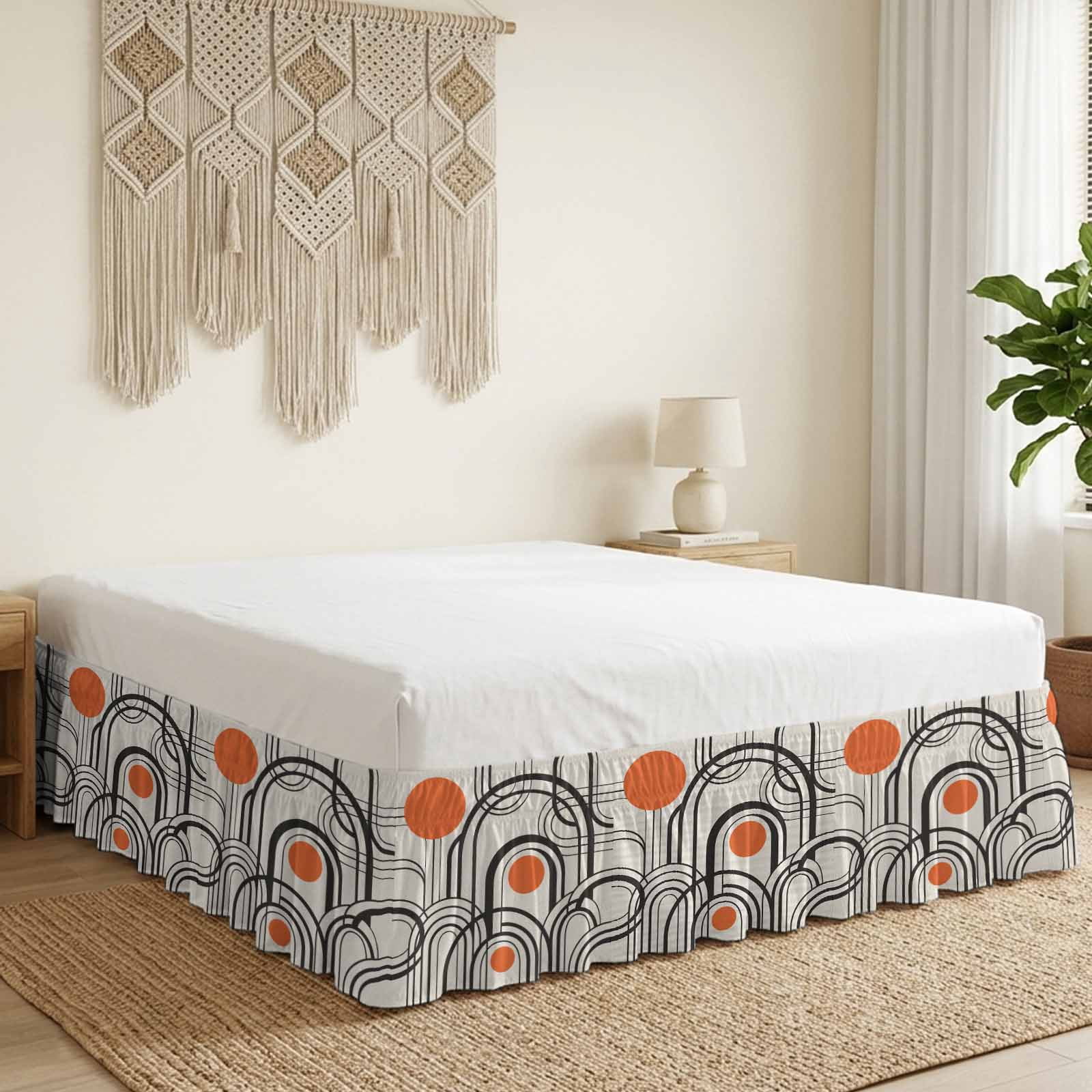 Black Orange Bed Skirt 16 Inch Drop, Abstract Line Boho Minimalist Mid ...
