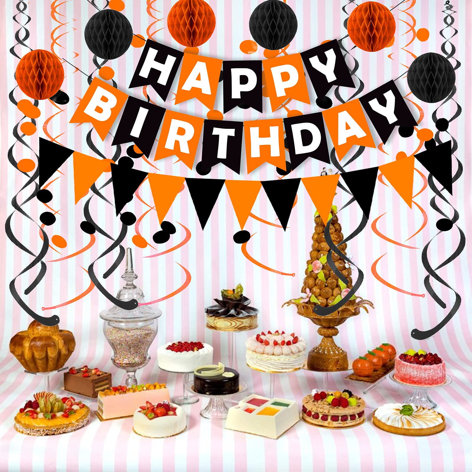 Black Orange Birthday Banner & Garland Set for Party Decorations ...