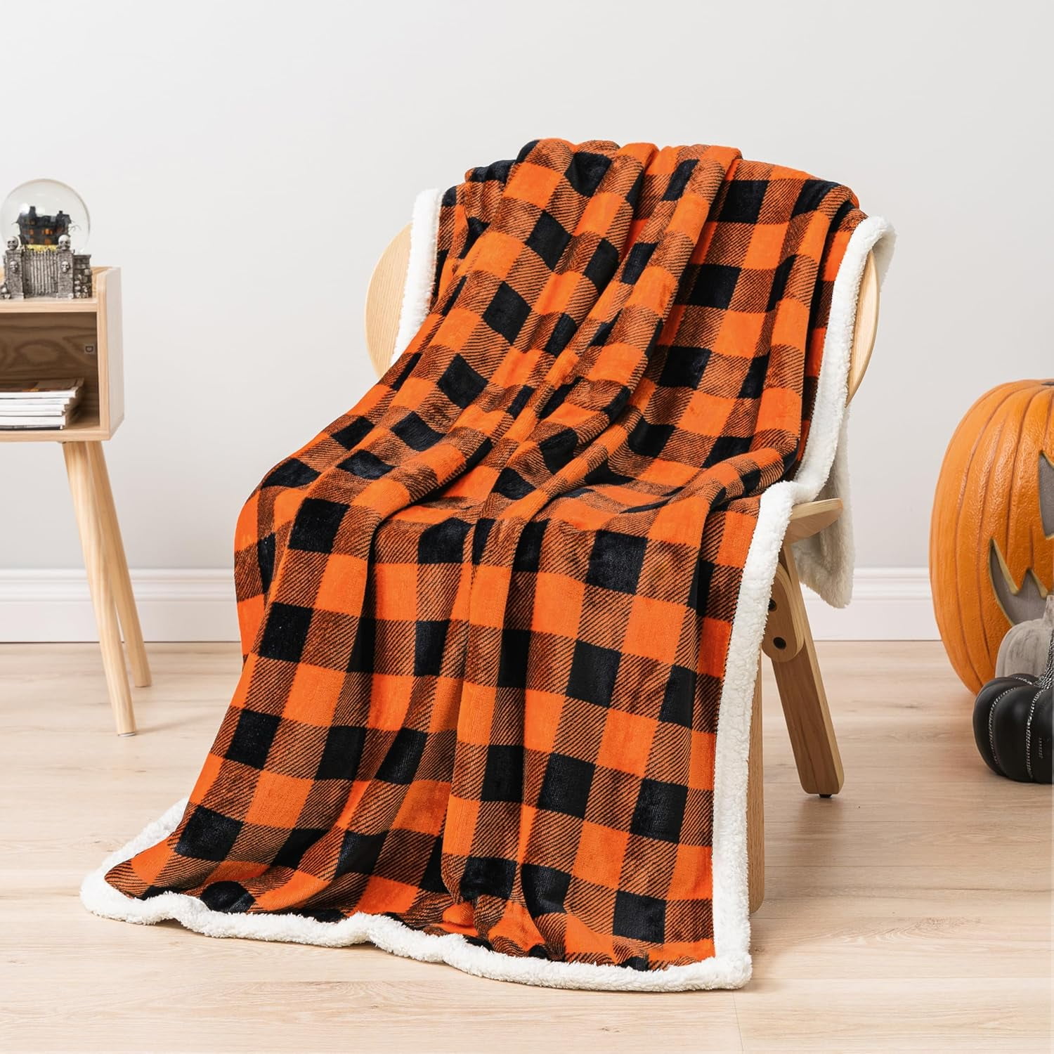 Black Orange Buffalo Plaid Sherpa Throw Blanket for Couch, Plush ...