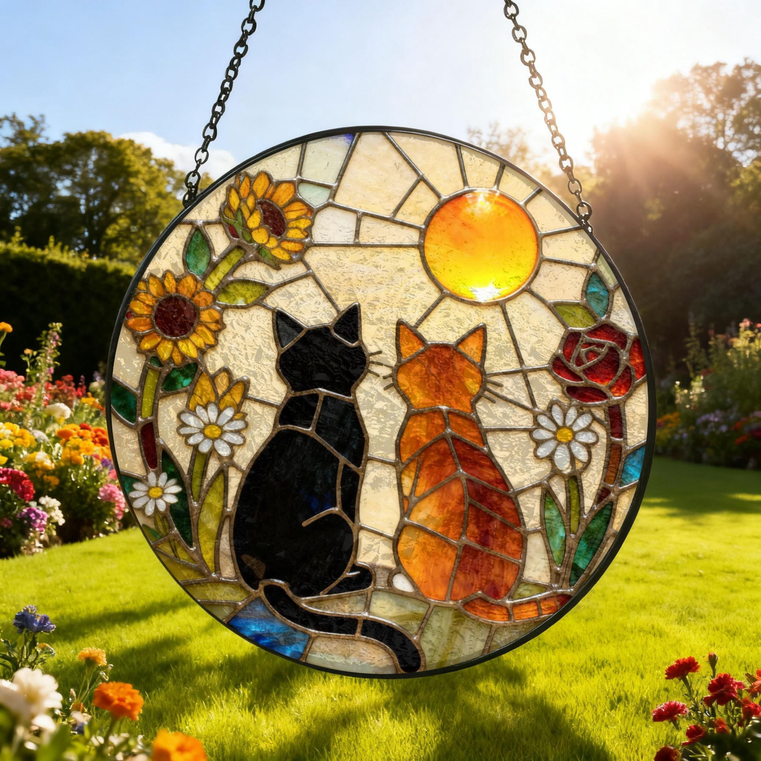 Black Orange Cat Couple Stained Glass Suncatcher Garden Window Hanging ...