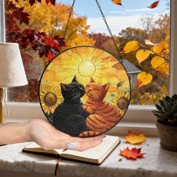 Black Orange Cat Faux Stained Glass Acrylic Suncatcher, Window Hanging ...